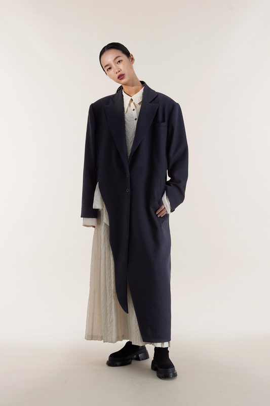 Dark Blue Check Cut-Out Overcoat | tan tan studio